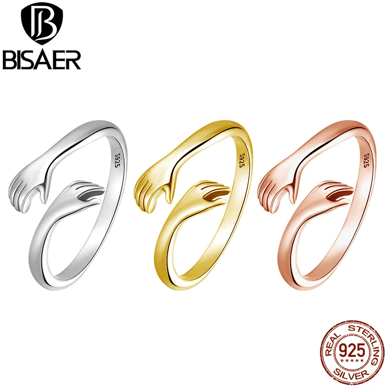BISAER-925-Sterling-Sliver-Hand-Hug-Open-Ring-Heart-Forever-3-Colors ...