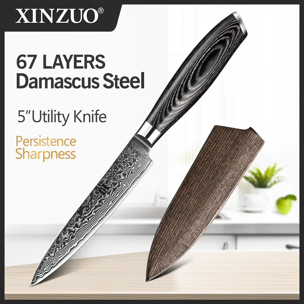 XINZUO 5"Inch Utility Knife Profesional Japanese Damascus Steel Kitchen ...