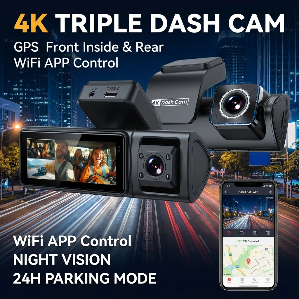 4K Triple Dash Cam GPS Front Inside and Rear 3CHs WiFi Car Camera with ...
