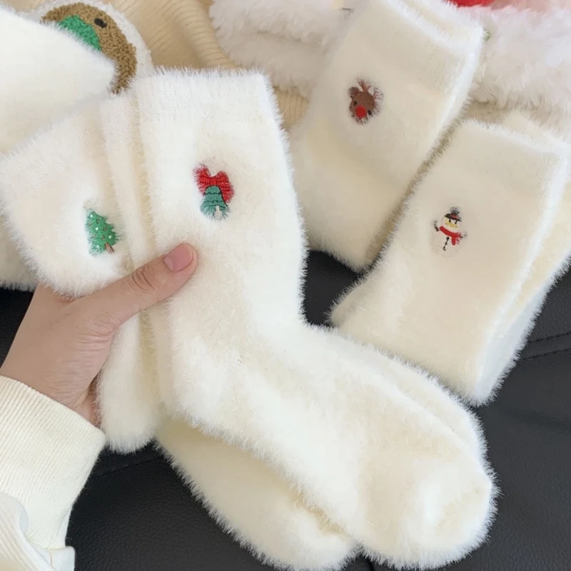 Autumn Winter Socks White Mink Fur Embroidered Christmas Socks Snowman ...