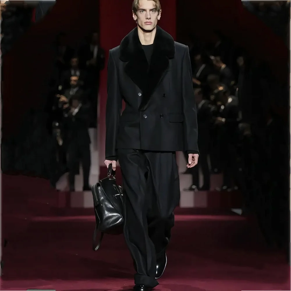 Luxurious Feathers Black Suit Two Pieces Double Breasted Elegant Man ...