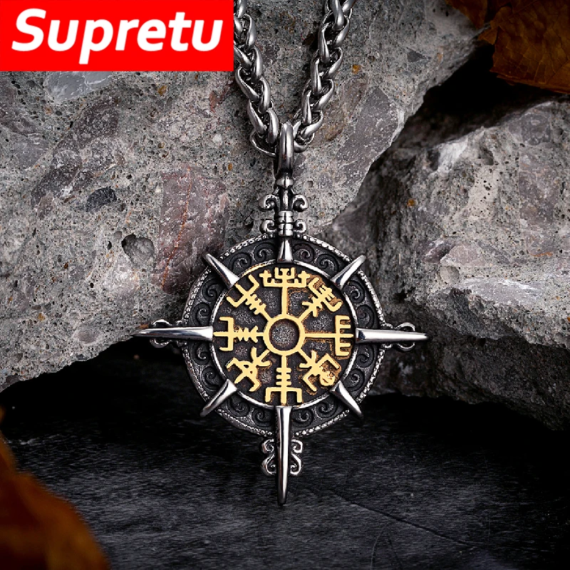 Mens-Viking-Compass-Necklaces-Stainless-Steel-Double-sided-Norse-Runes ...