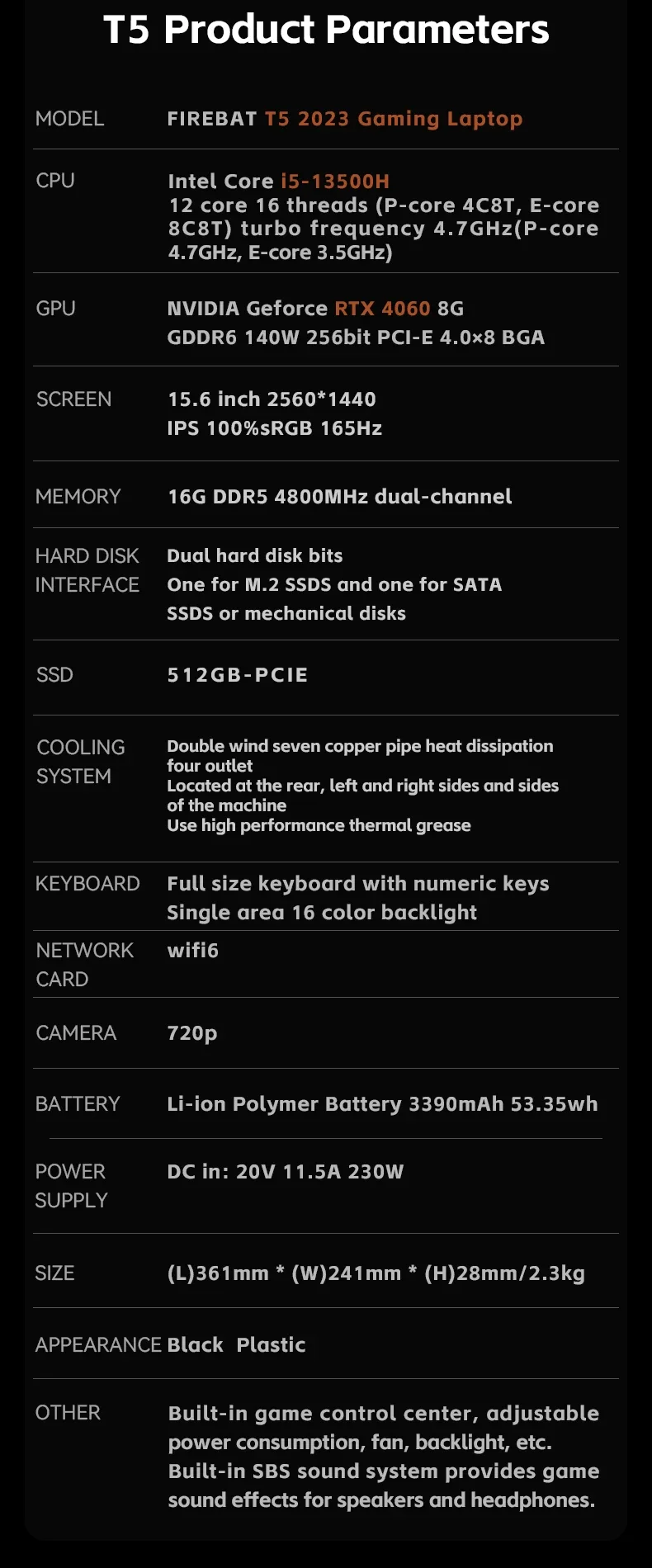 FIREBAT T5K 15.6 Inch Intel i5-13500/i7-12650H RTX 4060 DDR5 RA M.2 1TB ...