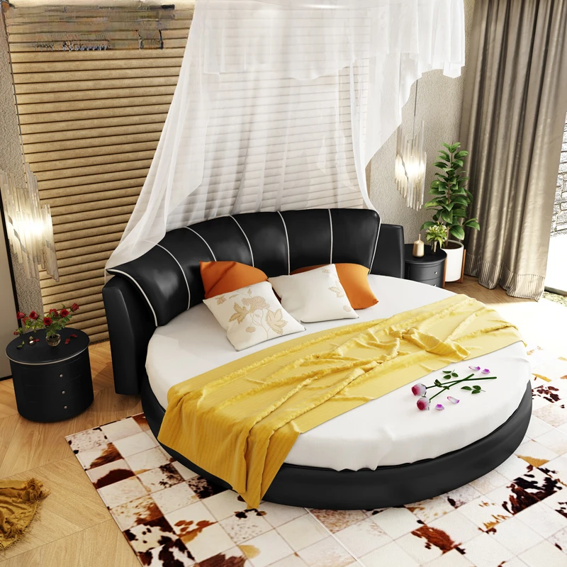 Round-bed-double-size-apartment-leather-net-red-round-modern-simple ...