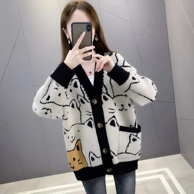 Spring-Autumn-Fashion-Cartoon-V-neck-Cardigan-Women-s-Sweater-Cute-Cat ...