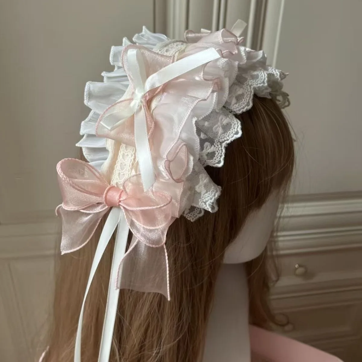 Lolita Ruffled Headband Sweet Pink Bowknot Lace Ribbon Bow Hairband ...