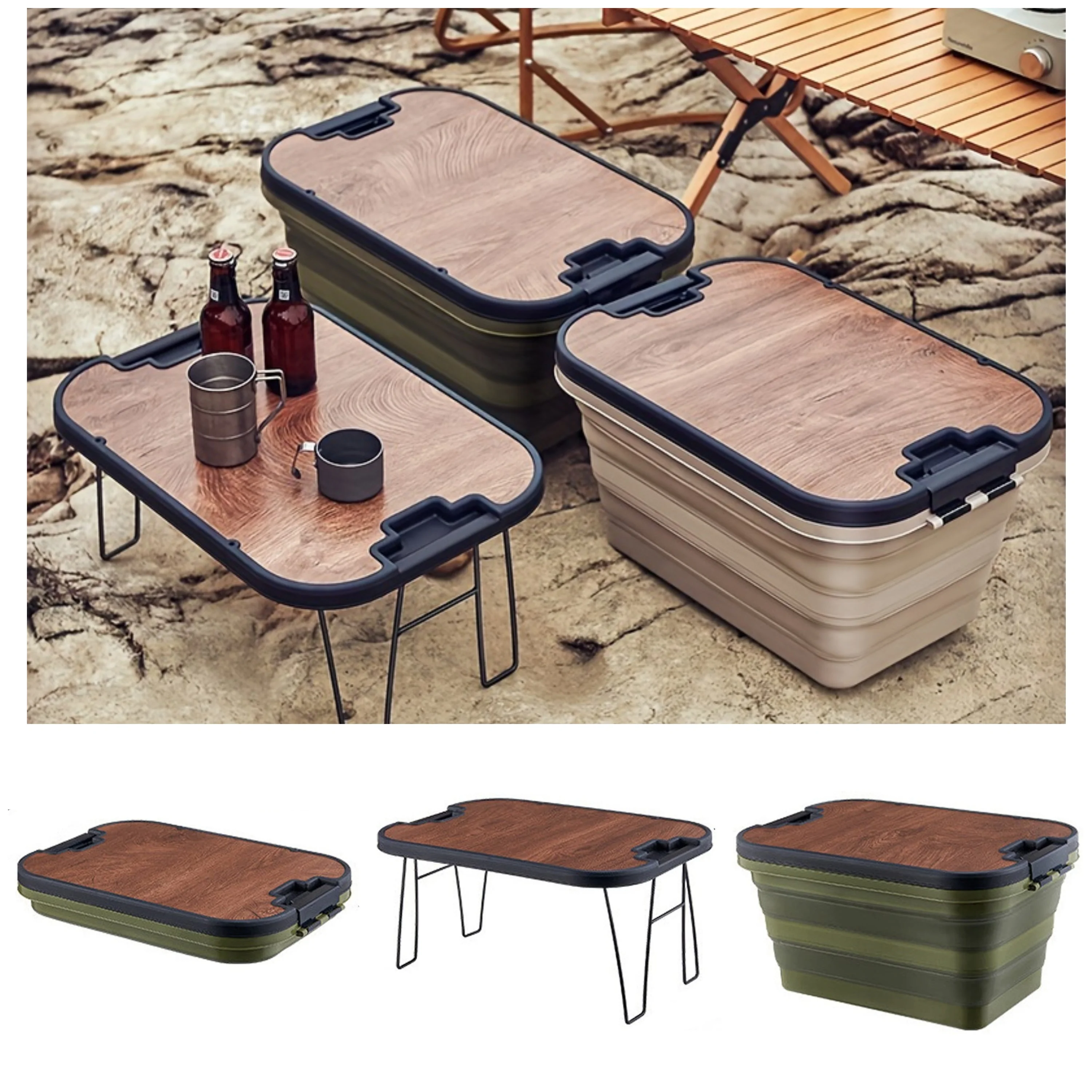 Folding Organizer Table Outdoor Camping Storage Box, With Wooden Lid ...