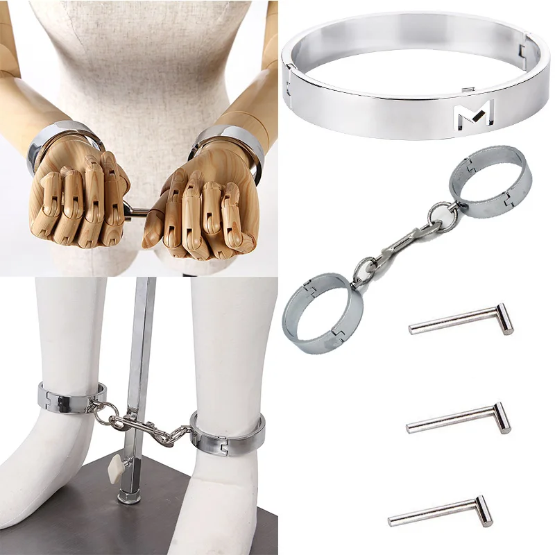 Metal-Steel-Male-Wrist-Handcuffs-Ankle-Shackles-Neck-Collar-Posture-Choker-BDSM-for-Bdsm-Slave ...