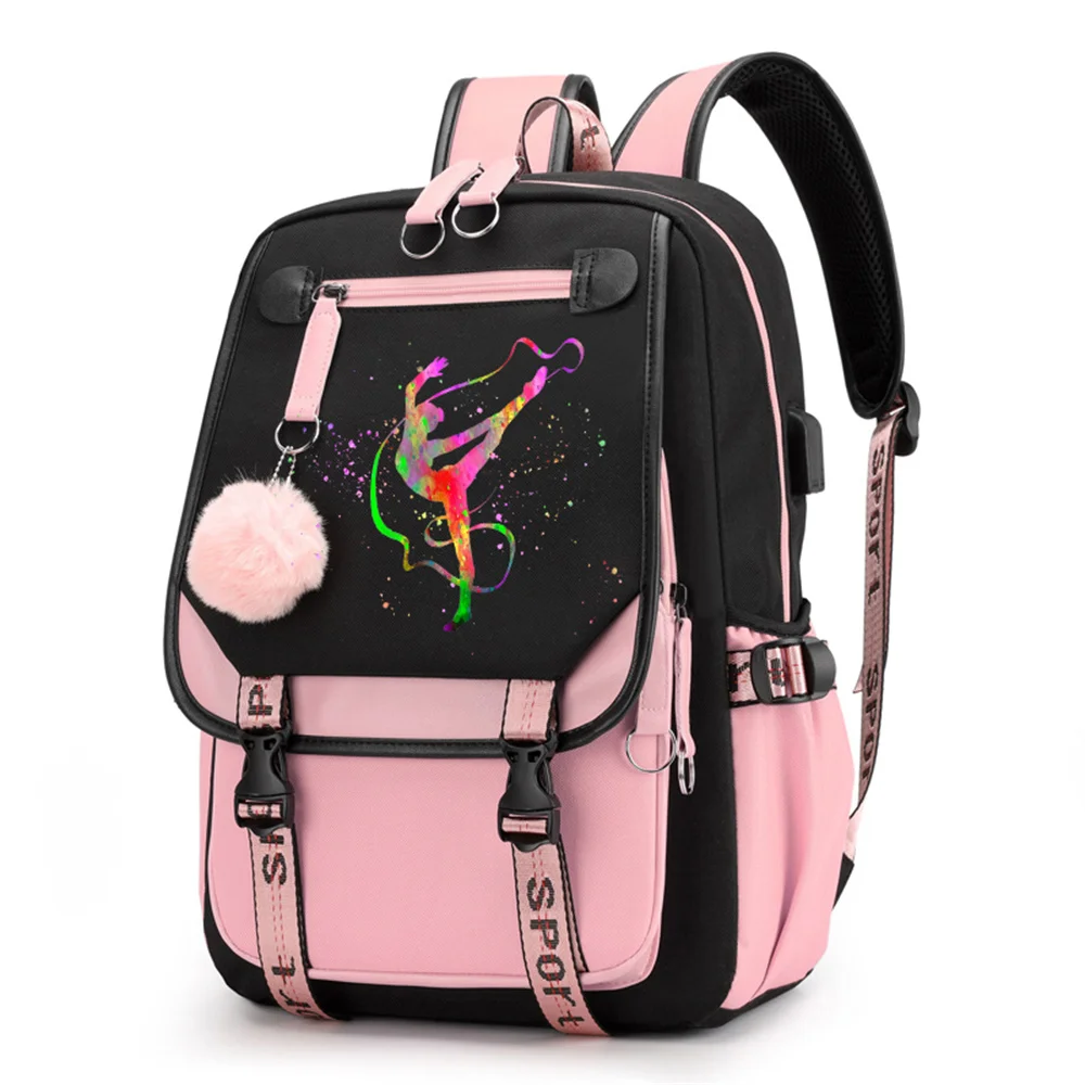 Watercolor Gymnastics School Bags for Teenage Girls USB Port Schoolbag ...