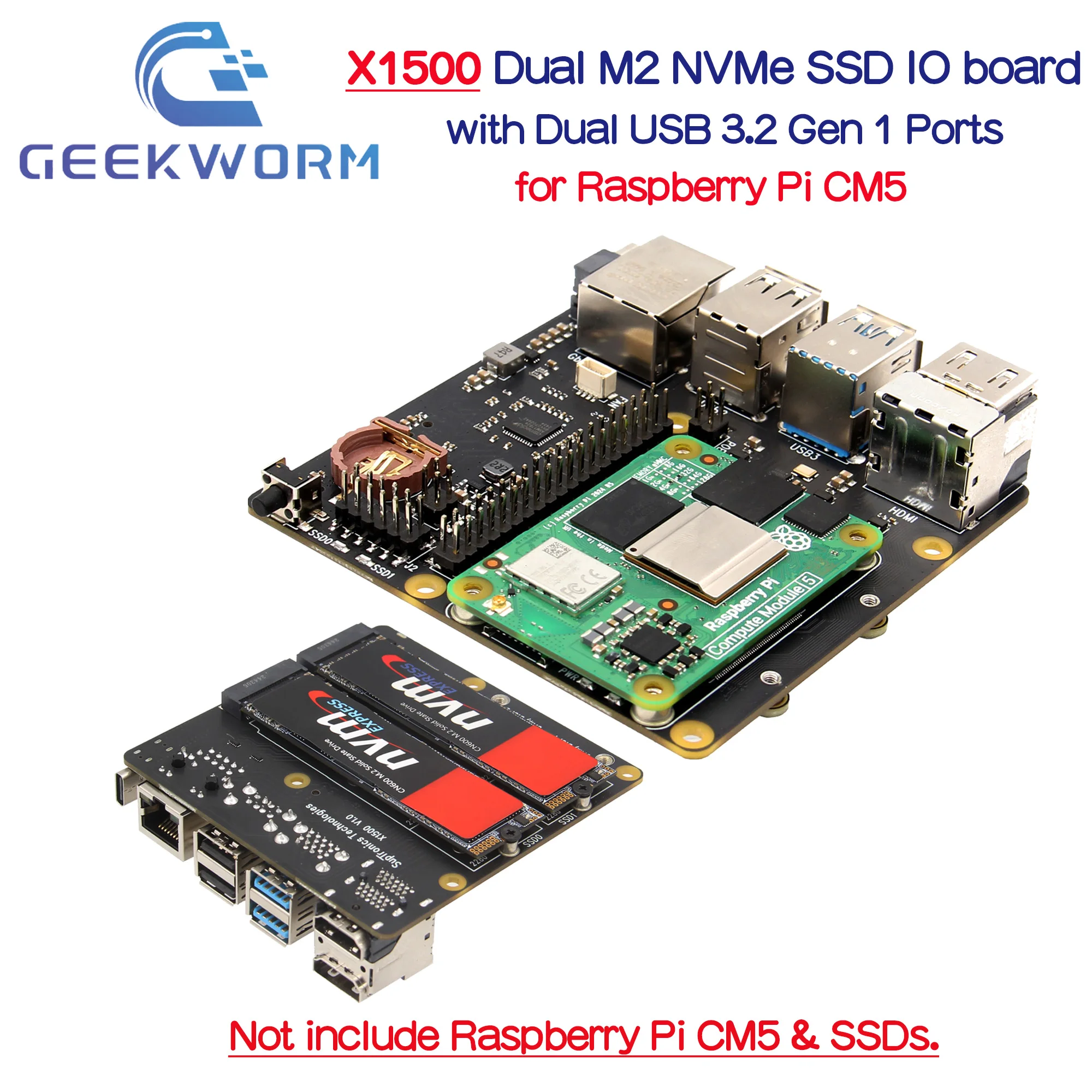 Geekworm X1500 V1.0 Dual M2 NVMe SSD IO board with 1GbE & Dual USB 3.0 ...