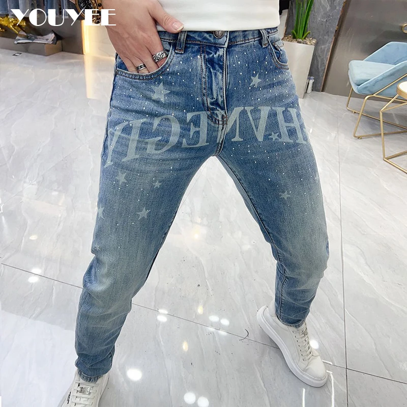 Men's Trend Jeans Star Printing Hot Diamond Streetwear Slim Fit ...