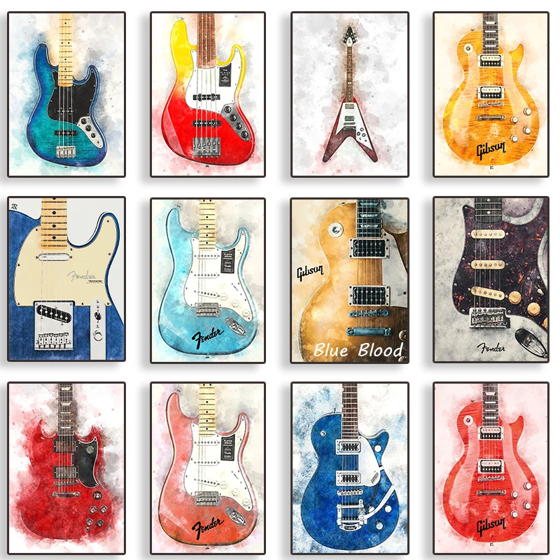 Vintage-Watercolor-Guitar-Fender-Rock-Music-Abstract-Posters-Canvas ...