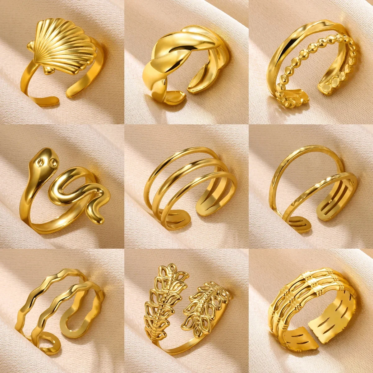 Ouro-Cor-Cobra-e-Sol-An-is-para-Mulheres-A-o-inoxid-vel-Anel-Seashell ...