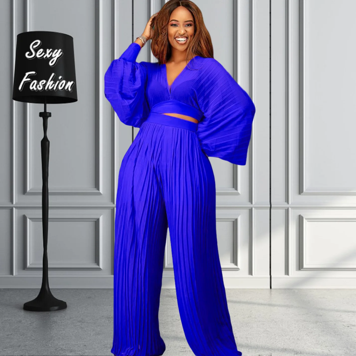 WSFEC S 3XL Two piece sets women Outfits Pleated Suits Long Sleeve V ...