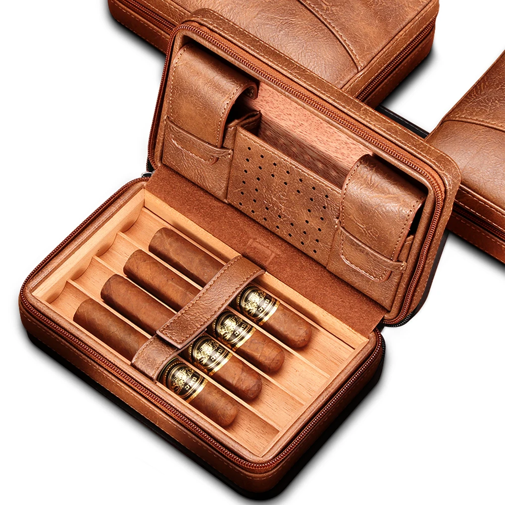 GALINER-Portable-Humidor-Cigar-Travel-Case-Leather-Cedar-Wood-4-Tube ...
