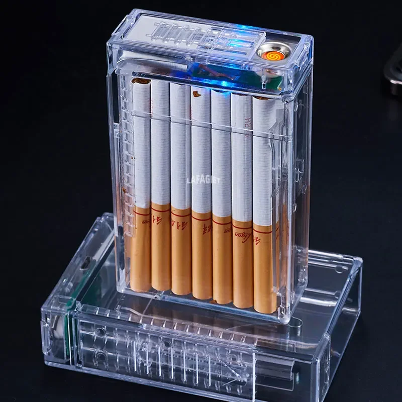 Transparent-Plastic-Cigarette-Case-With-Lighter-Double-outlet-Automatic ...