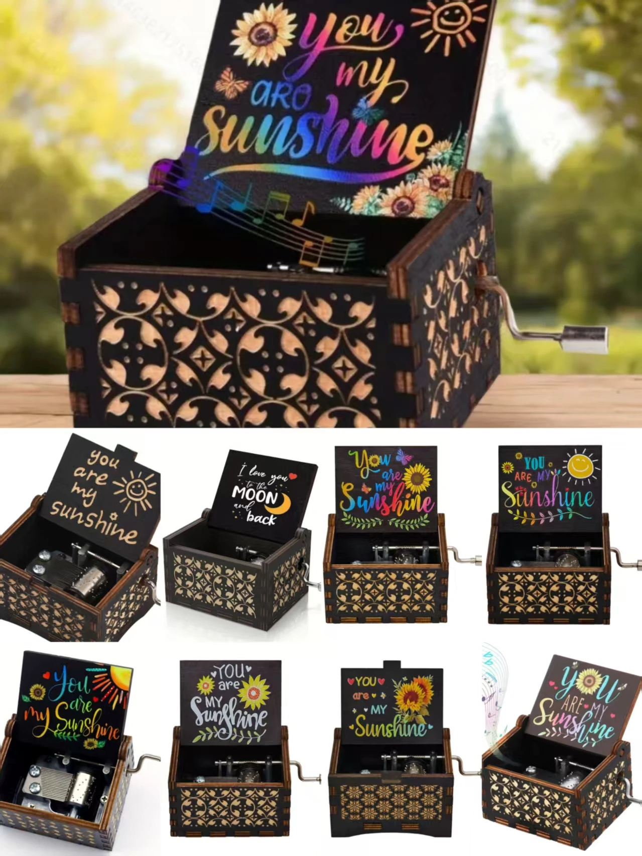 Wooden hand cranked music box, you are my sunshine music painting ...