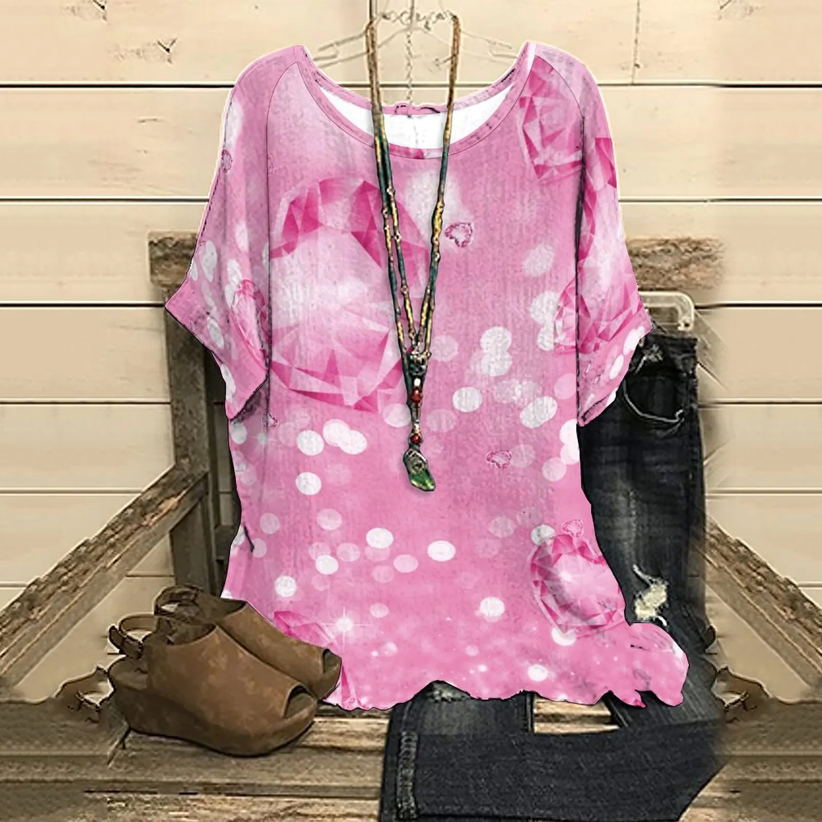 Summer-Women-s-Half-Sleeve-T-Shirt-Hearts-Diamonds-Sparkle-Print-Top ...