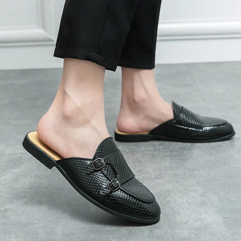 Black-half-shoes-for-men-Glossy-mules-Slippers-leather-shoes-casual ...
