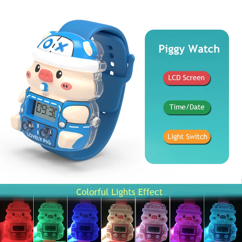 Blue Piggy Children's Watch Colorful Glowing Cute Cartoon Electronic ...