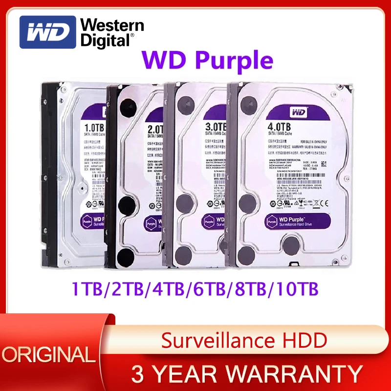 Disco Rígido de Vigilância Roxo Western Digital-WD, 1T, 2T, 3T, 4T, 6T, 8TB, 10TB, 3,5 ", SATA ...