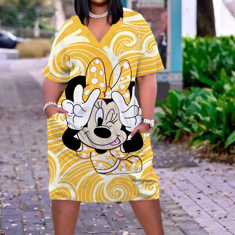 Summer Casual Short Sleeve V-neck Dress Women Loose Disney Minnie ...