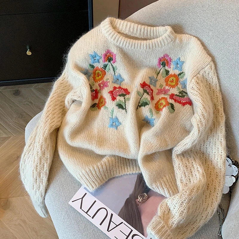 Flower-Embroidered-Sweater-For-Women-Round-Neck-Long-Sleeve-Pullover ...