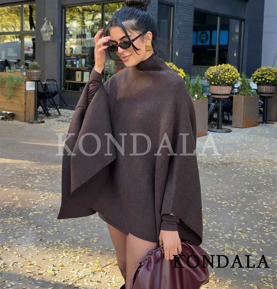 KONDALA Stand-up Collar Knitted Cape Coat High Street Casual Loose Cape ...