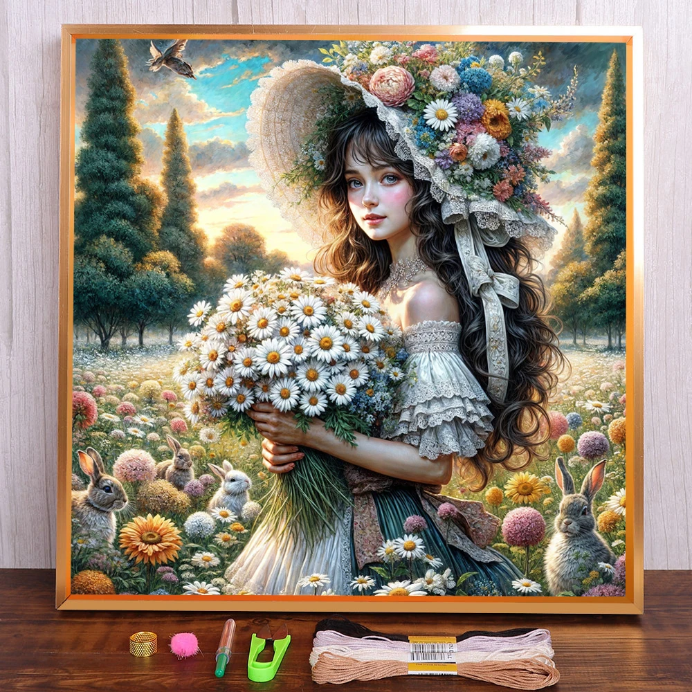 Portrait-Girl-Flower-Printed-Fabric-Cross-Stitch-Full-Kit-Embroidery ...