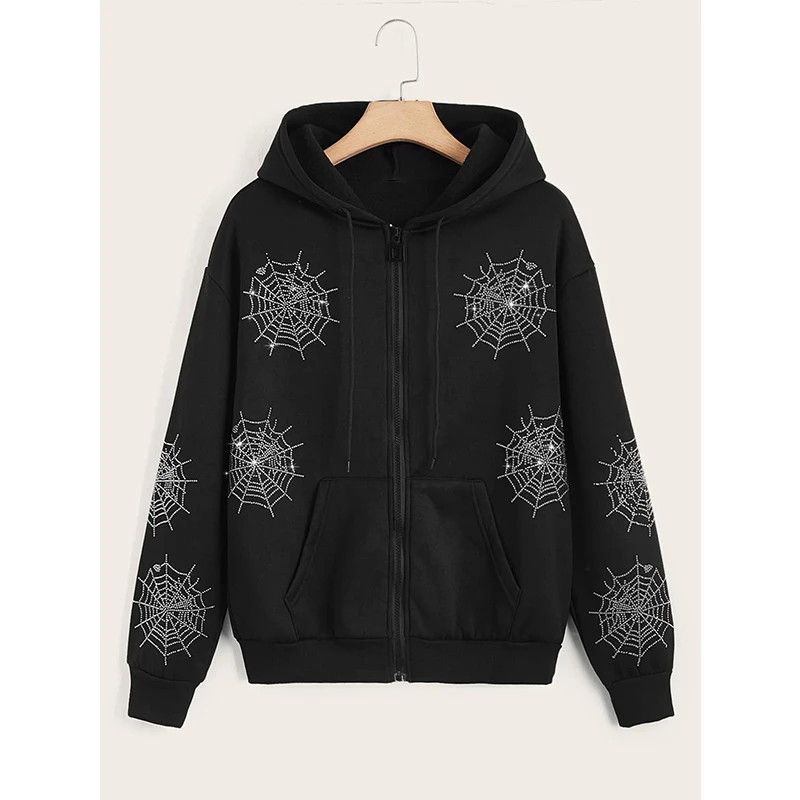 Y2k Clothes Zip Up Hoodie Gothic Rhinestones Spider Web Sweatshirt Hip ...