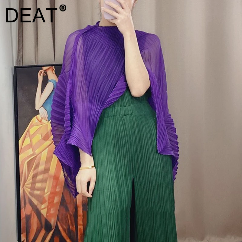 DEAT Women Pleated Short Jackets Cloak Solid Irregular Shawl Thin ...