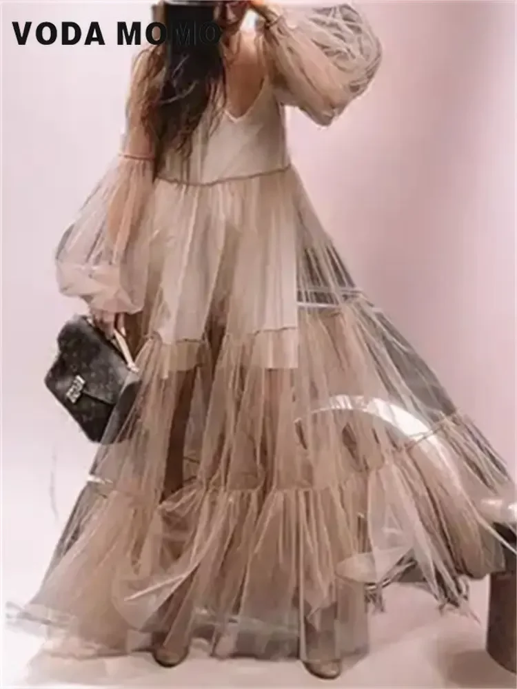 New-Spring-Summer-Fashion-Lace-Mesh-See-through-Stitching-Dress-Women-s ...