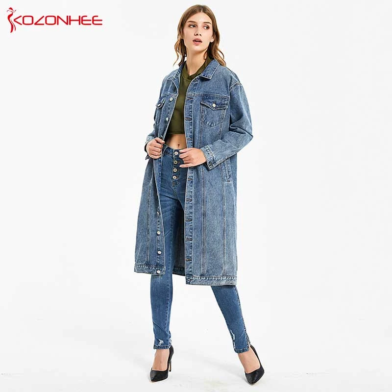 Fashion Blue Inelastic Women Long Denim Coat Jeans Coats Casual Pocket ...