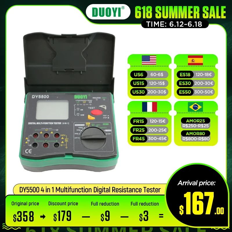DUOYI 디지털 Fluke 다기능 절연 및 접지 저항 테스터, 전압계 측정 위상 표시기, DY5500, 4 in 1| | - AliExpress