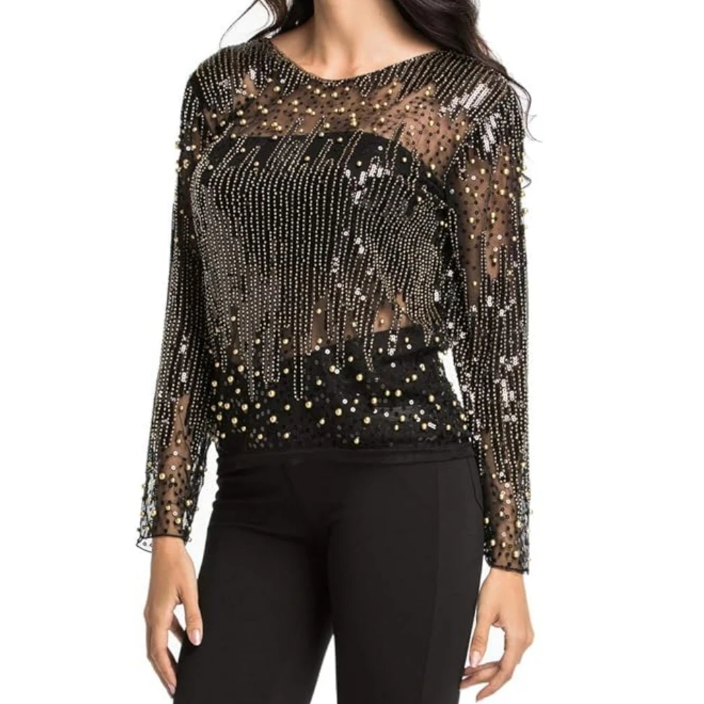 Luxury-Women-Crystal-Sequins-Embroidery-Top-Heavy-Beads-Shirts-Sexy ...