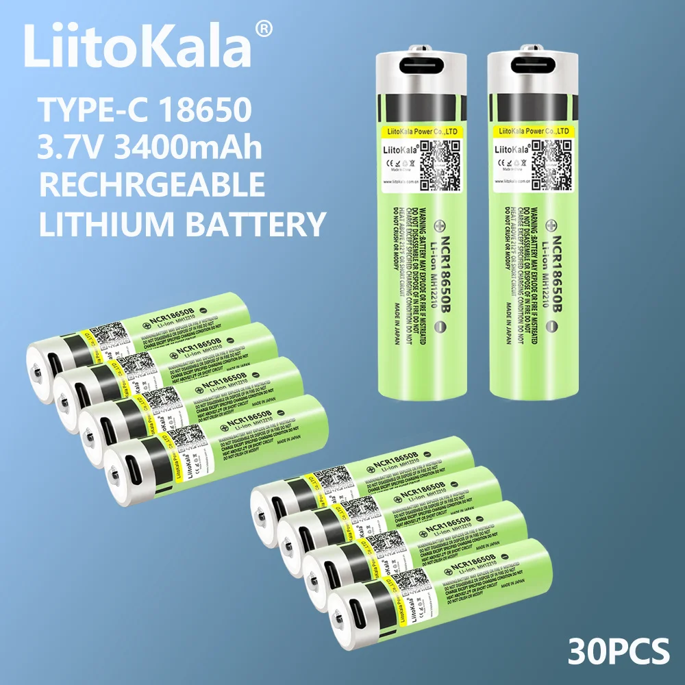 30PCS LiitoKala USB-34B 18650 3400mAh 3.7V Li-ion Rechargebale battery ...