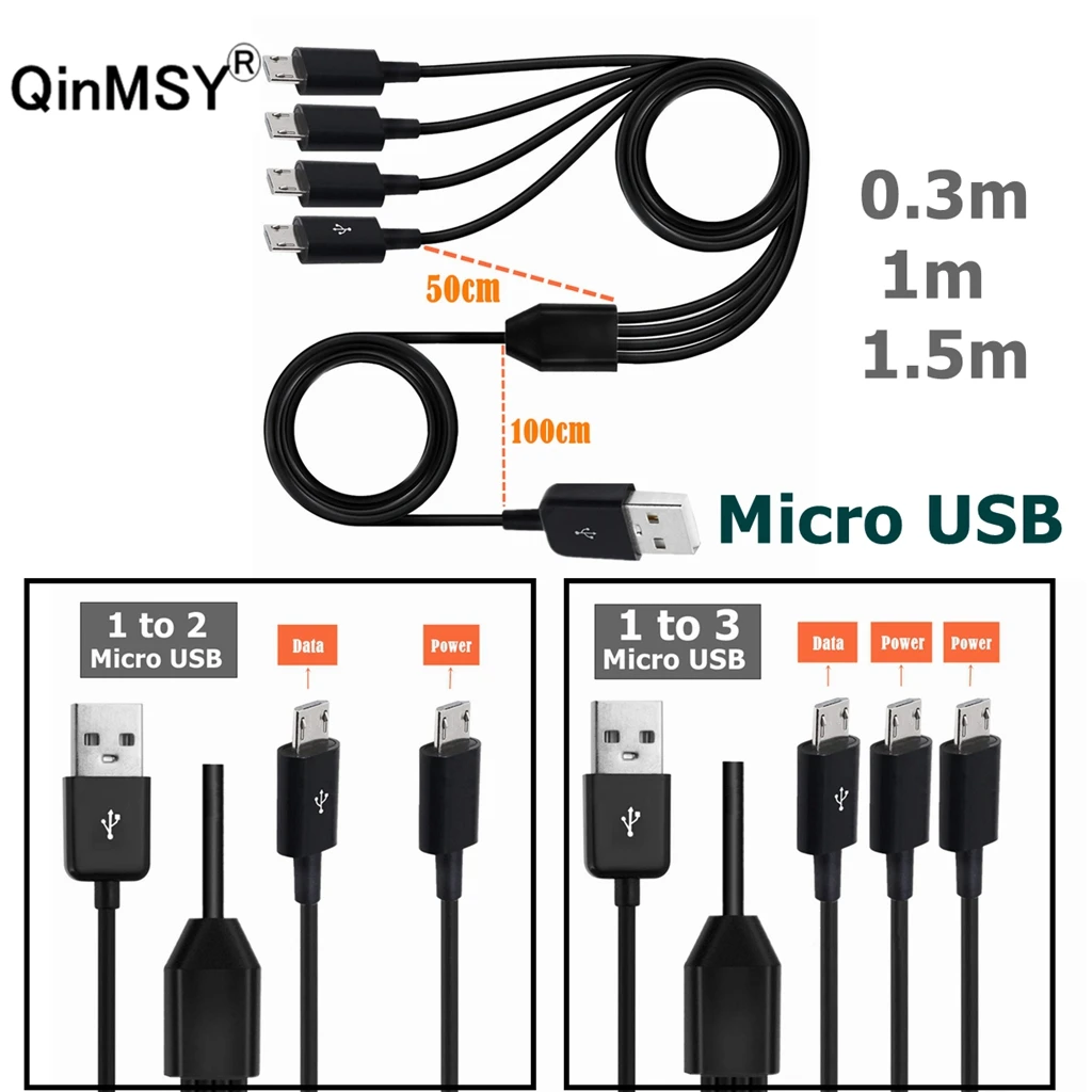 0.3m 1m 1.5m 4 Port Micro USB to USB 3Port Y Splitter Fast Charging Date Cable Cord For ...