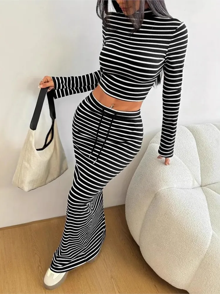 Women's Solid Fashion Striped Suit Half High Neck Long Sleeve Top ...