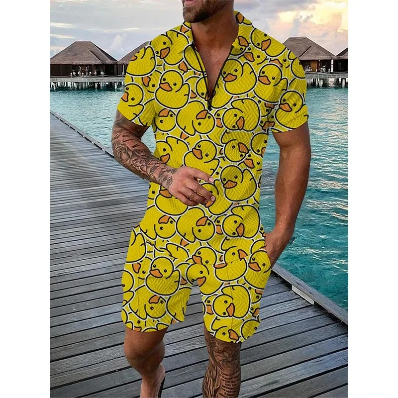 Summer-Men-Tracksuit-Funny-Duck-3D-Print-Short-Sleeve-Zipper-Polo-Shirt ...