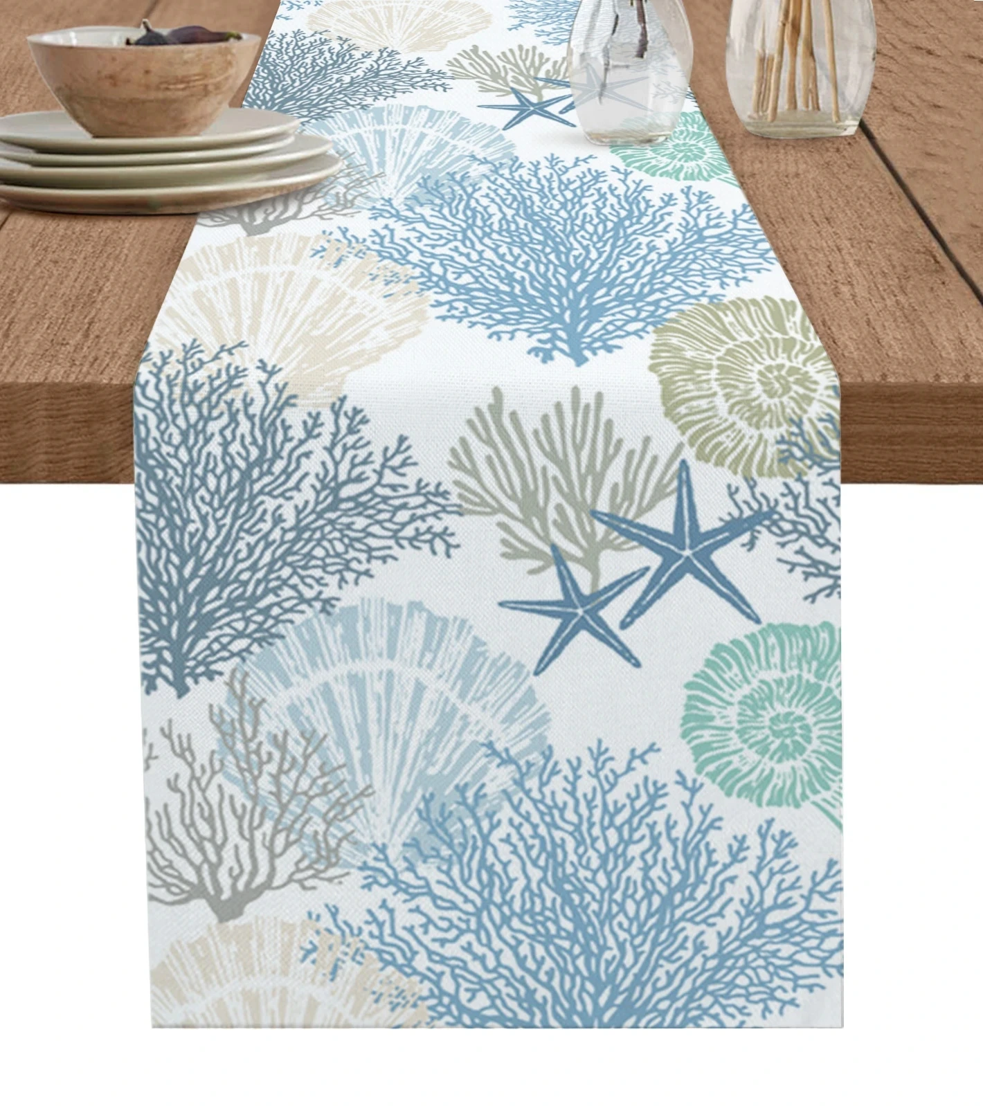 Blue Marine Coral Shells Starfish Linen Table Runner for Wedding ...