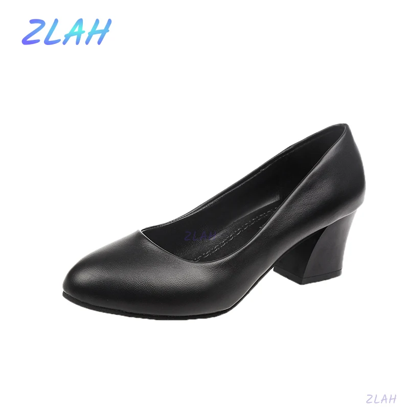 Spring Women's Classic Black Leather Shoes Zlah Square Heel Slip-on ...