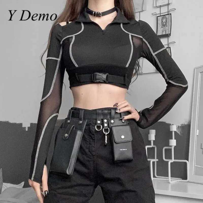 Y-Demo-Techwear-Long-Sleeve-Hollow-Out-Women-s-T-shirt-Casual-Stand ...