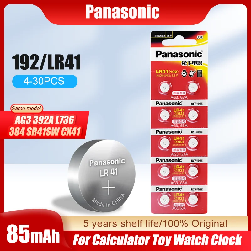 Panasonic 192 lr41 ag3 sr41 392 392a 384 l736 1.5v bateria alcalina da pilha da moeda do botão ...