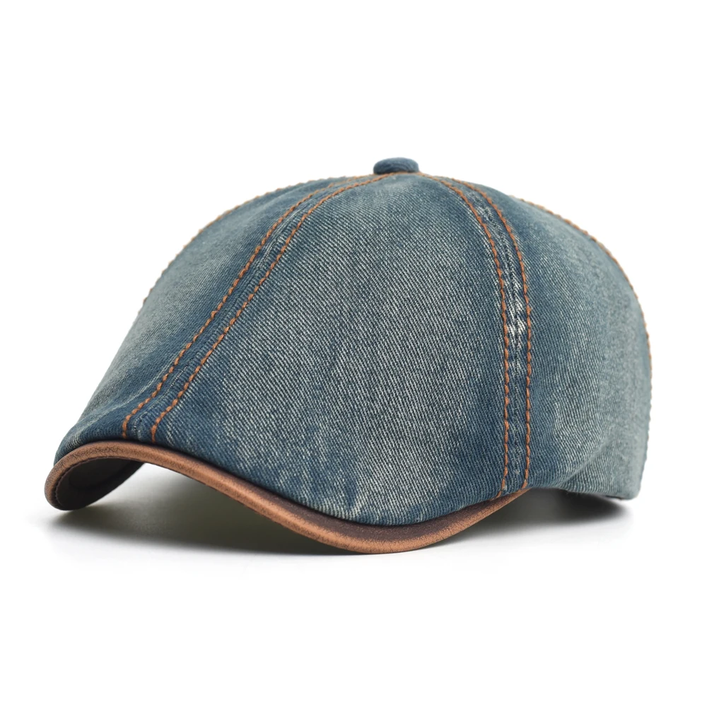 Denim Beret Hat Washed Vintage Peaked Cap Adjustable Cotton Newsboy Cap ...
