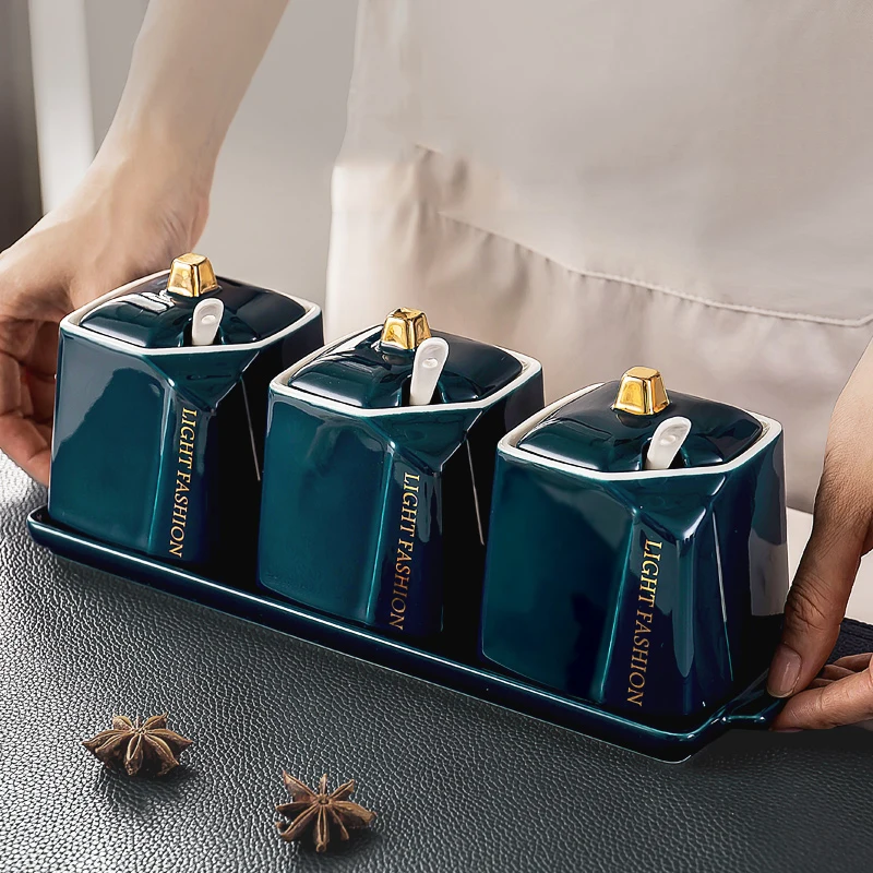 Set Ceramic Spices Storage Jar With Spoon Kitchen Gadget Sugar Spice ...