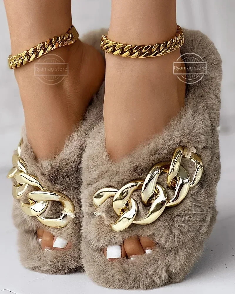 Slippers-Women-s-Warm-Winter-Fuzzy-Chain-Decor-Cross-Strap-Slippers ...