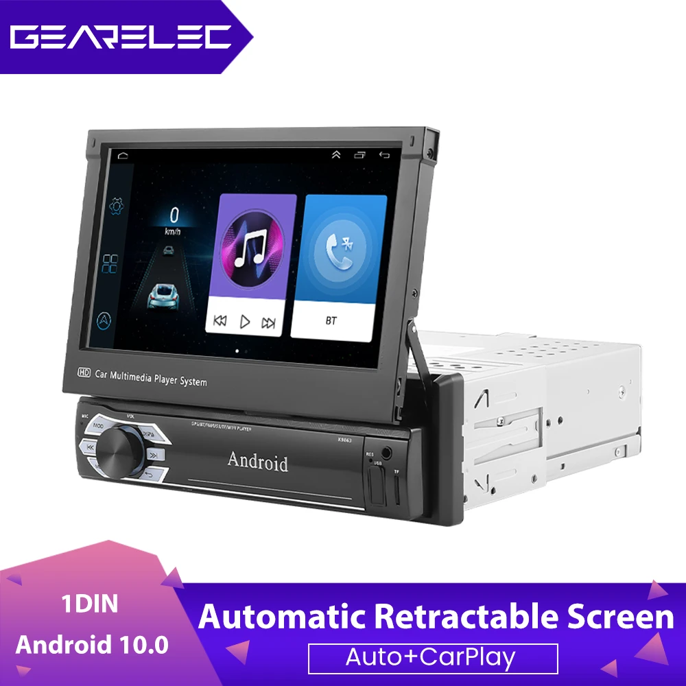 GEARELEC 1DIN Android 10.0 Car Stereo 7 Inch Retractable Display Bluetooth WiFi GPS Navigation ...