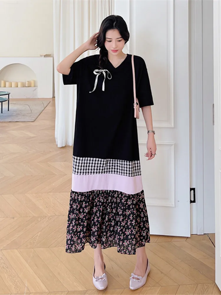 2023 Summer New Women's Long Dress Loose Spliced Color Block Pleated ...