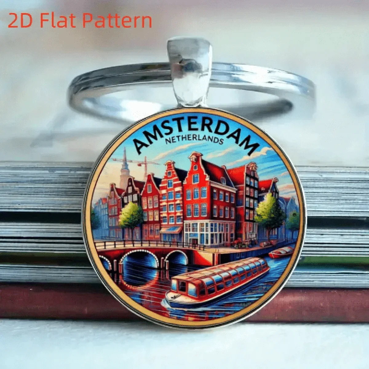 Amsterdam Keychain, Netherlands Vintage Souvenir with Canal House & Red ...