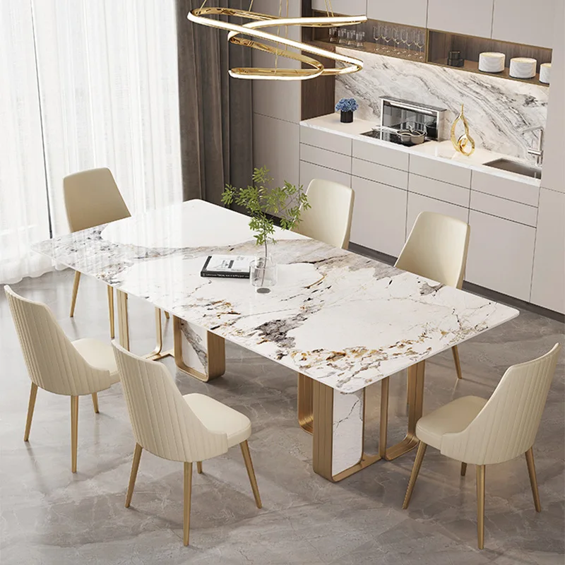 Luxury Villa Home Metal Dining Table 8 Seater Chair Marble Slate Top ...
